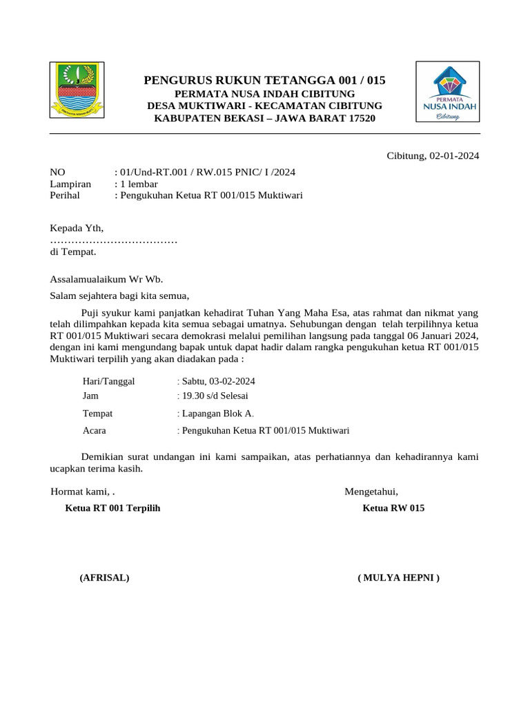 Pengukuhan Ketua RT 001/015 Muktiwari | PDF