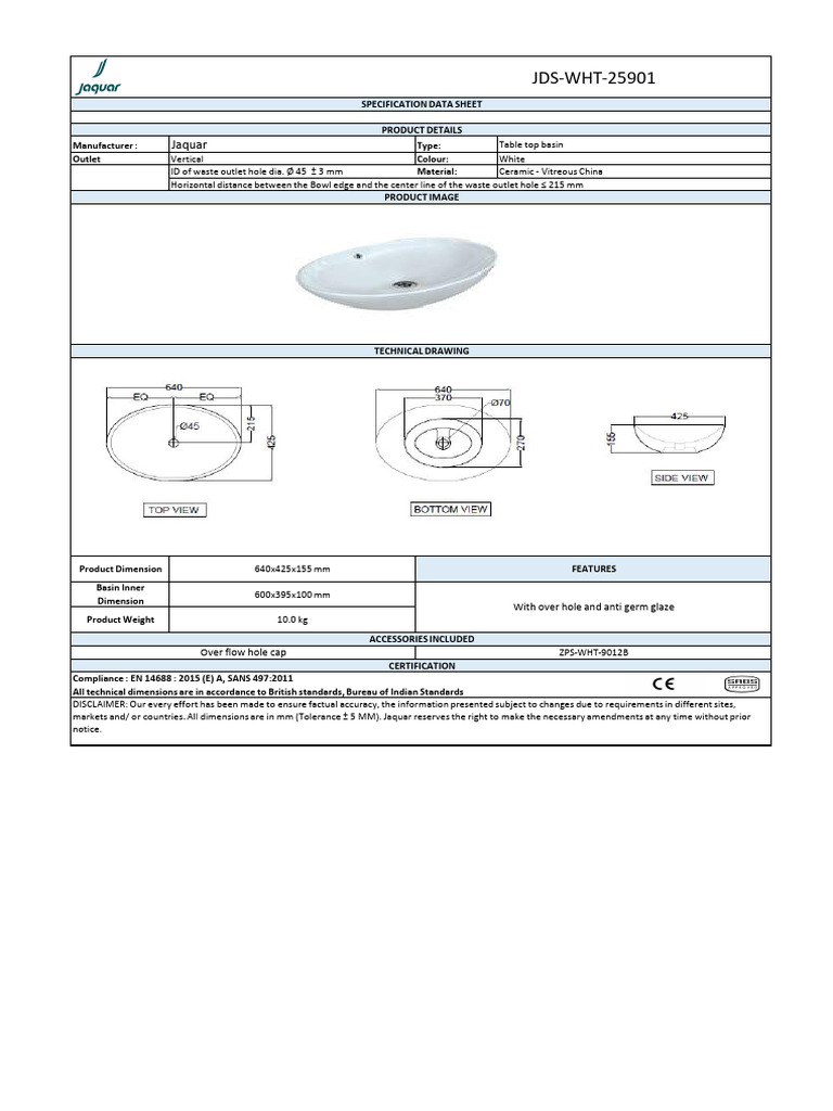 Table Top WASH Basin JDS-WHT-25901 - D (PC TOI) | PDF