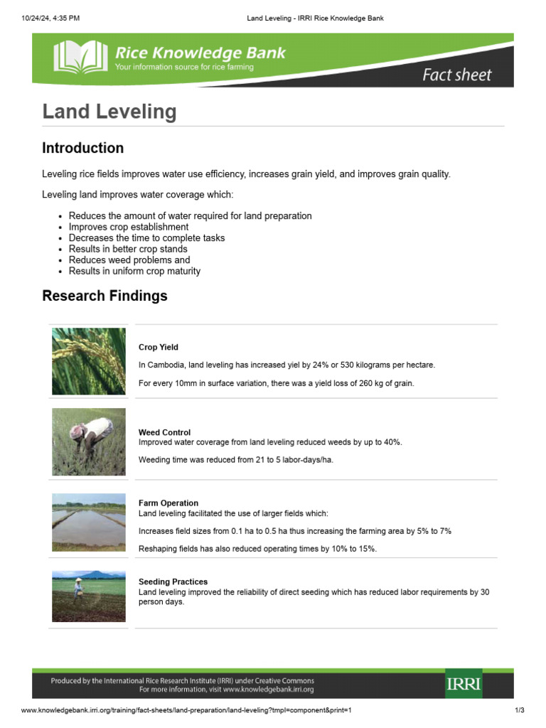 Land Leveling - IRRI Rice Knowledge Bank | PDF | Rice | Crop Yield