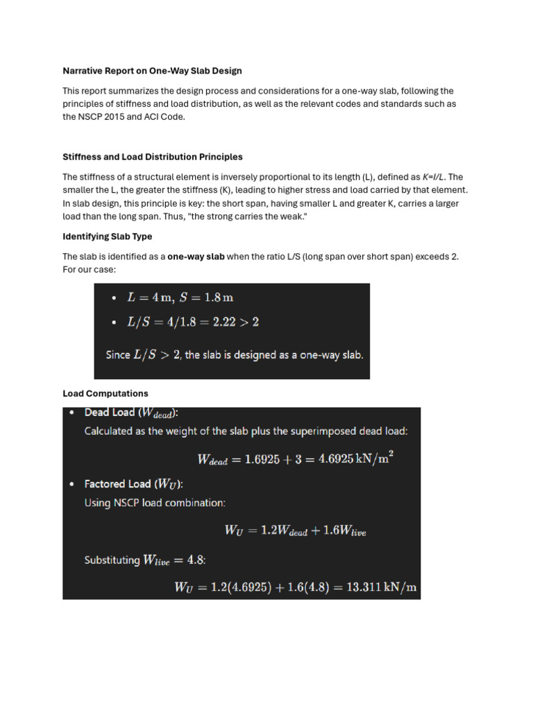 Summary One Way Slab Design | PDF