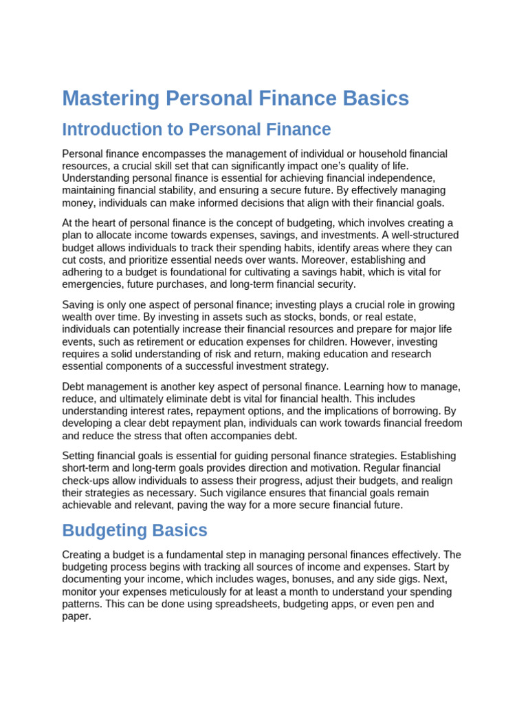 Mastering Personal Finance Basics | PDF | Investing | Debt
