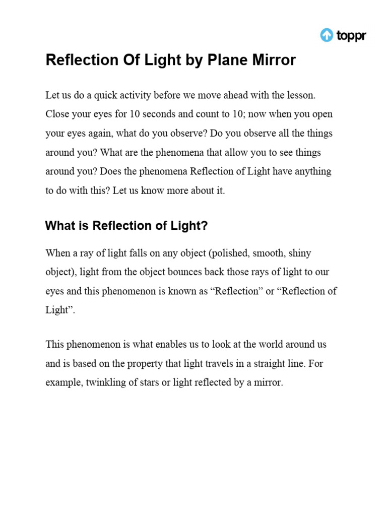 Reflection of Light in Plane Mirrors | PDF | Mirror | Refractive Index