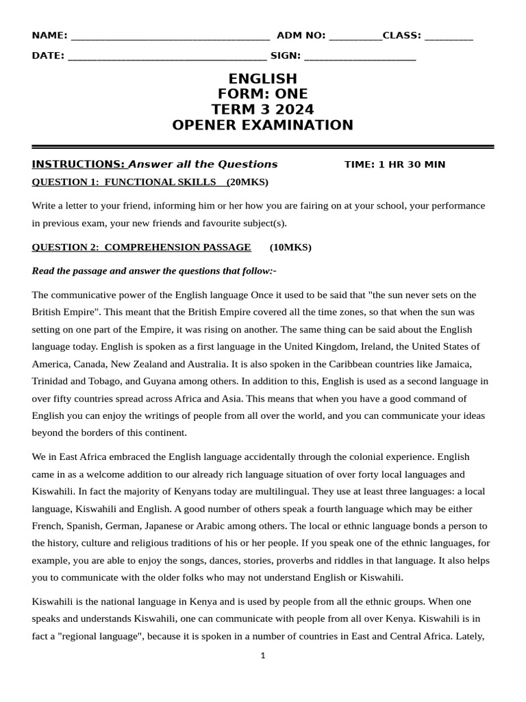 English f1 Exam | PDF | English Language | Swahili Language