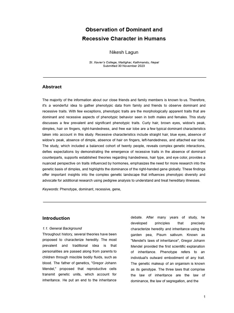 Human Dominant and Recessive Traits Study | PDF | Heredity | Genetics