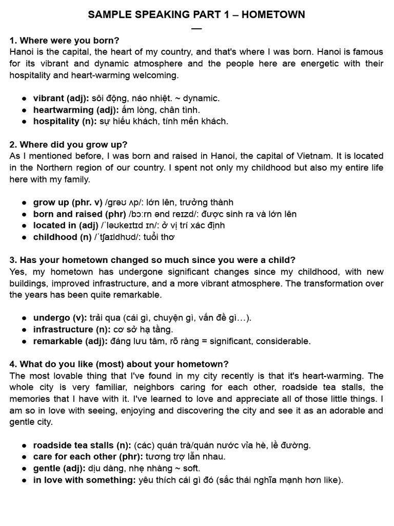 Sample Speaking Part 1 - Hometown | PDF | Vietnam