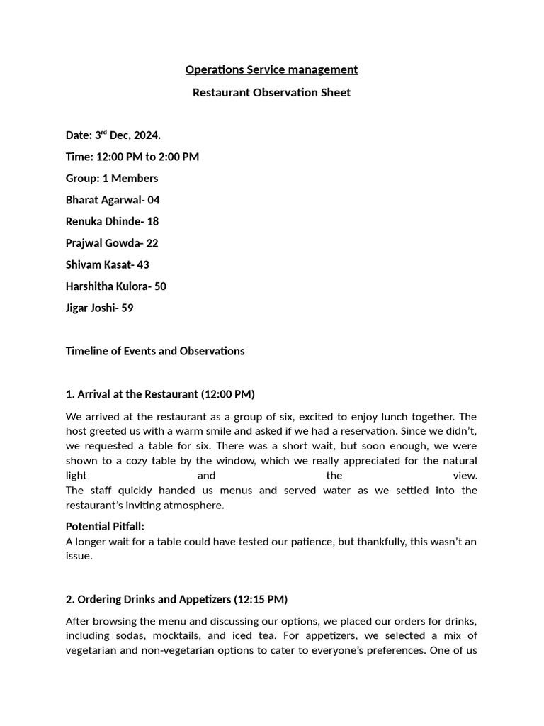 Restaurant Service Experience Review | PDF | Menu