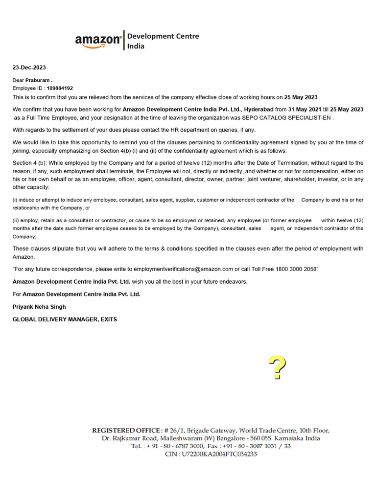 Amazon Relieving Letter for Praburam | PDF | Employment | Economies