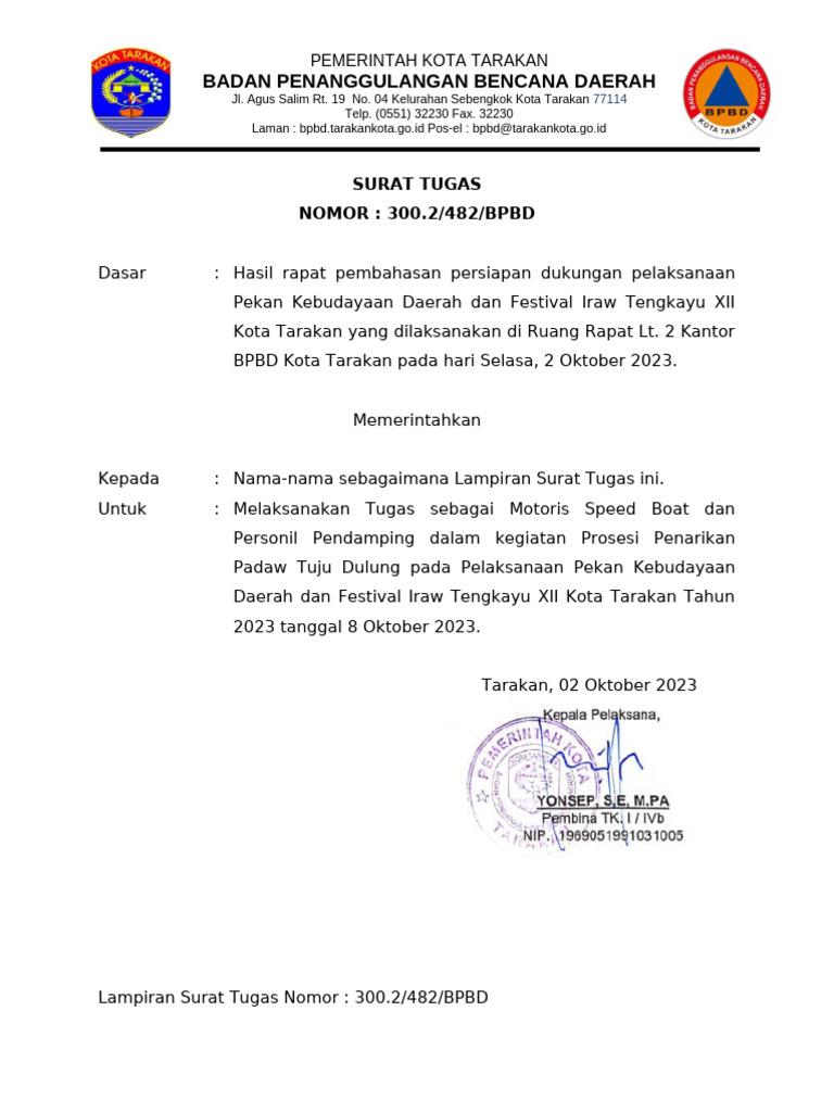 SURAT TUGAS PERSONEL SPEED BOAT | PDF