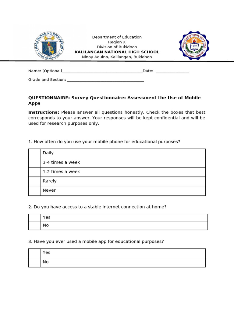 PR2 Survey Questionnaire | PDF
