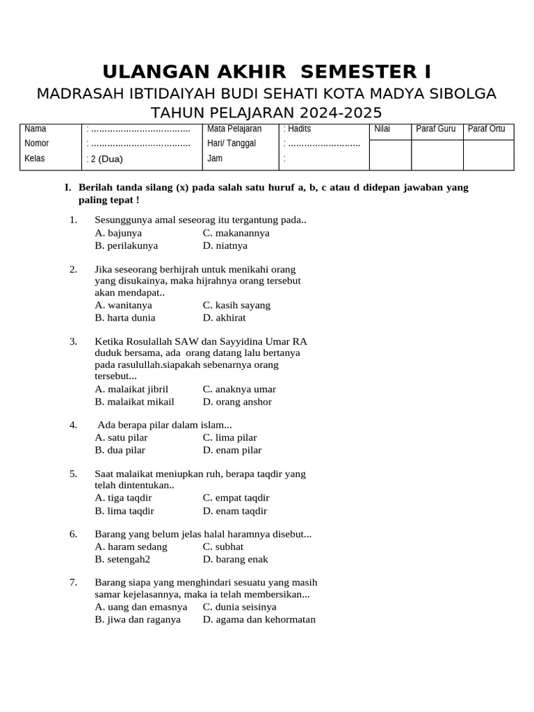 MDTA Soal Hadist Kelas 2 | PDF