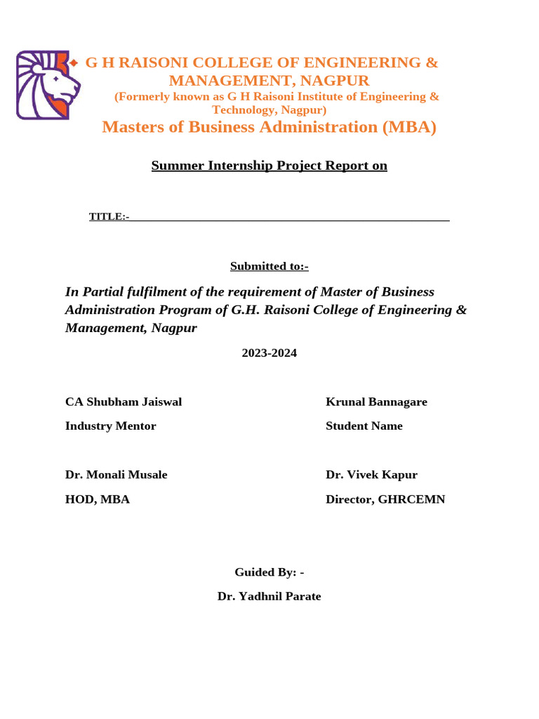 Updated Internship Report Format - MBA | PDF | Master Of Business ...