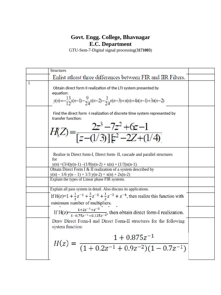 DSP Question Bank 2 Structures Fir Iir Filter DFT FFT | PDF | Discrete ...