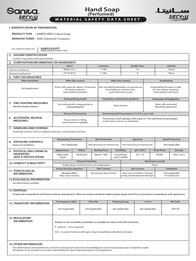 Sanita Serv-U Hand Soap MSDS | PDF | Water | Safety