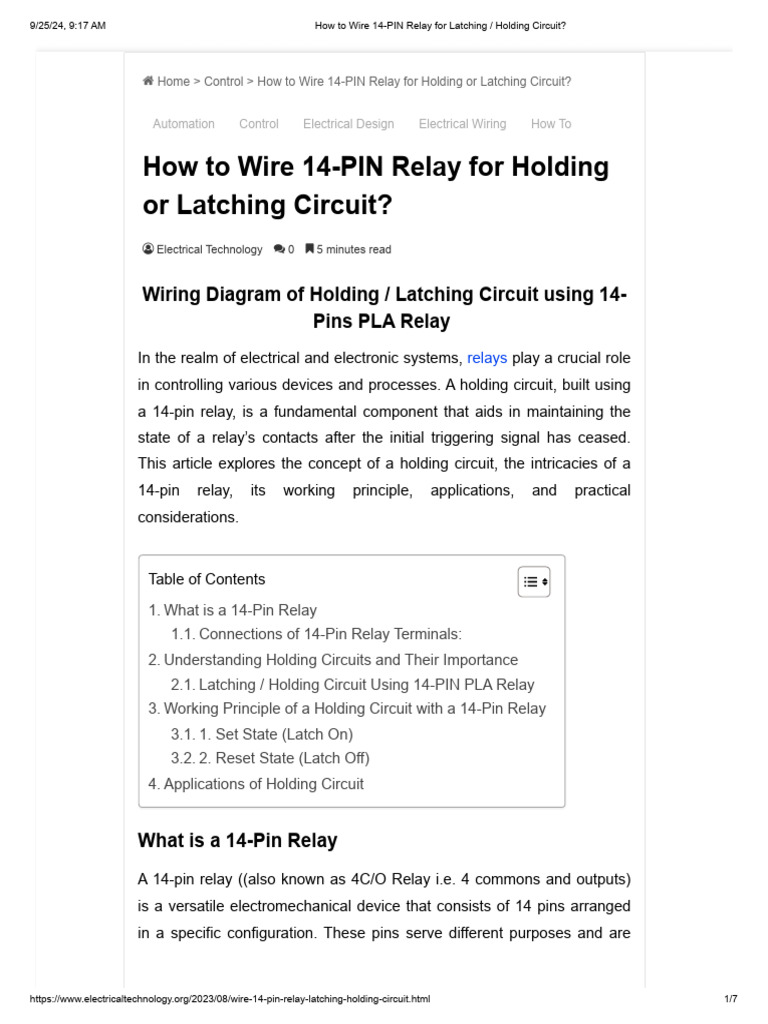 Wiring 14-Pin Relay for Latching Circuit | PDF | Relay | Switch