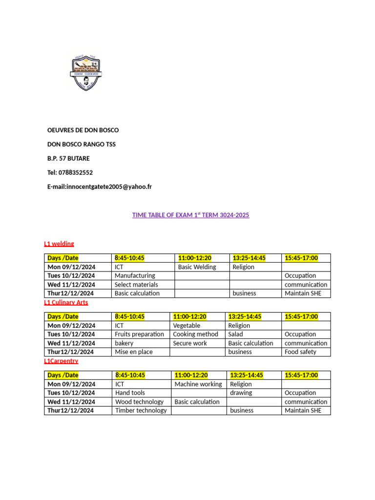 l1 Table Table Exam 2024-2025 | PDF | Cuisine | Home