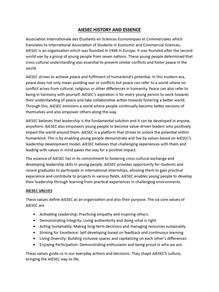 Research On Aiesec's History and Essence | PDF | Leadership | Social ...