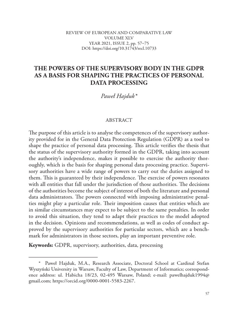 Hajduk Pawel the Powers of the Supervisory Body in the GDPR as a Basis ...