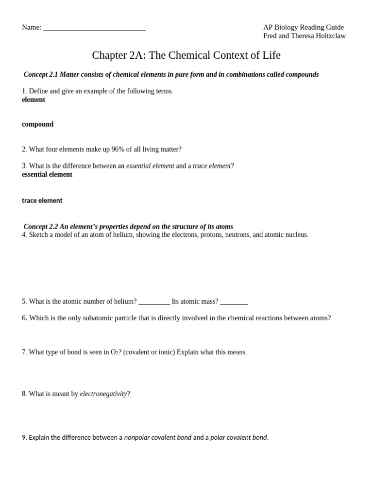 Chapter 2A Chemistry Guided Reading (BIF) | PDF
