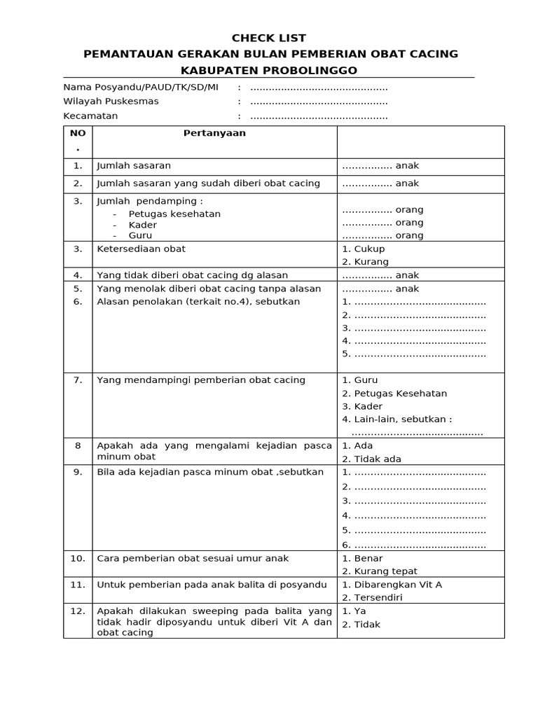 Check List Monev Cacing | PDF