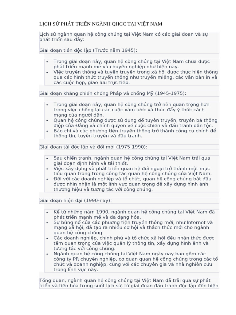 Lịch Sử Phát Triển Ngành Qhcc Tại Việt Nam | PDF