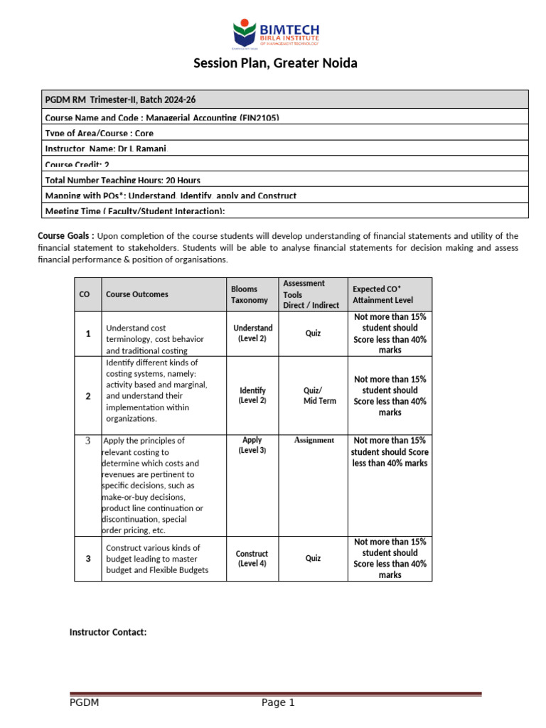 Session Plan Managerial Accounting 24-26 RM | PDF | Management ...