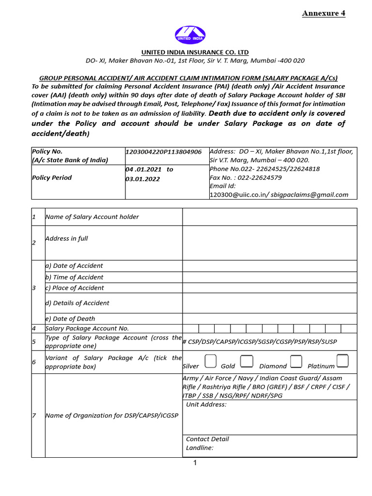Claim Intimation Form Annexure 4 2021 | PDF | Banks | Insurance