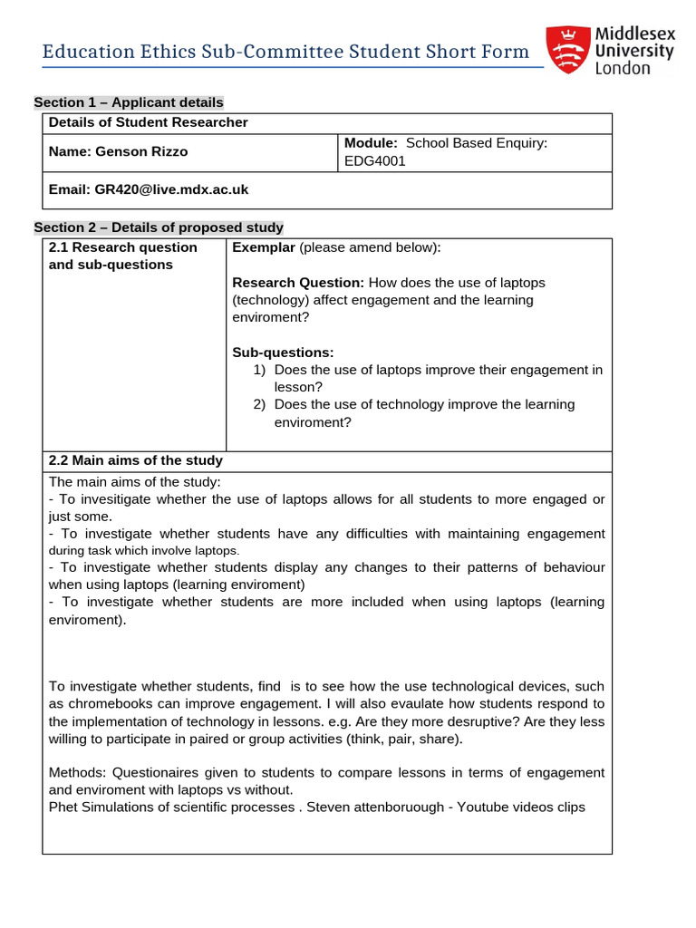 Ethics Form (PG Cert. Secondary Education) | PDF | Learning | Teachers