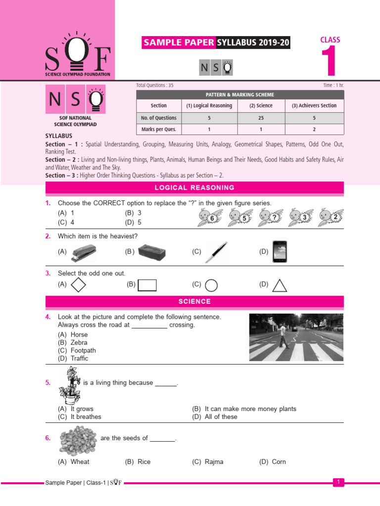Cbse NSO Olympiad Sample Papers Class 1 | PDF