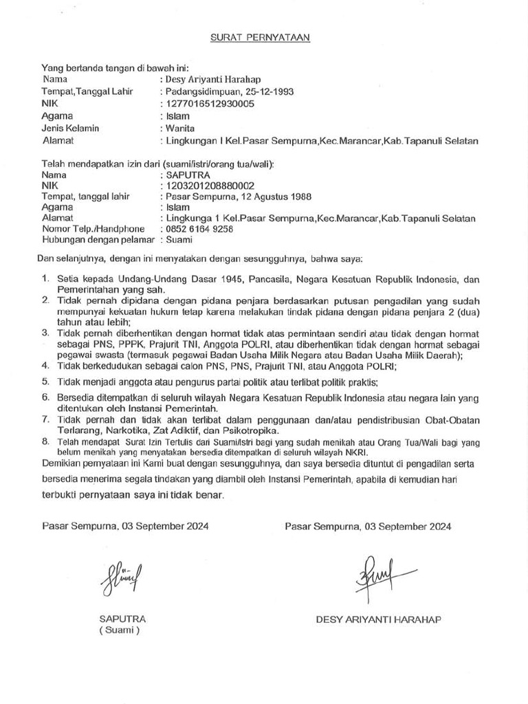 surat pernyataan desy arianty | PDF