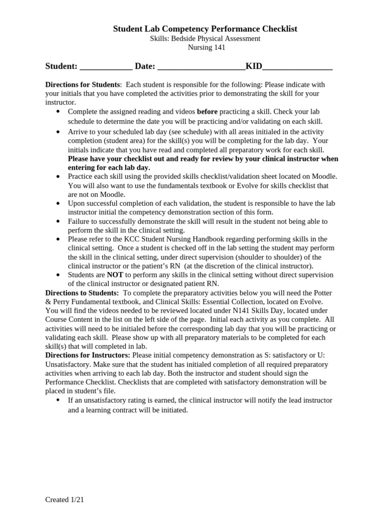 141 Lab Competency Check Off Bedside Physical Assessment | PDF | Medical Specialties | Clinical ...