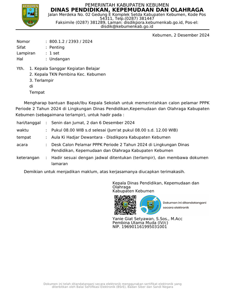 Undangan Desk Calon Pelamar PPPK Periode 2 TA 2024 Disdikpora | PDF