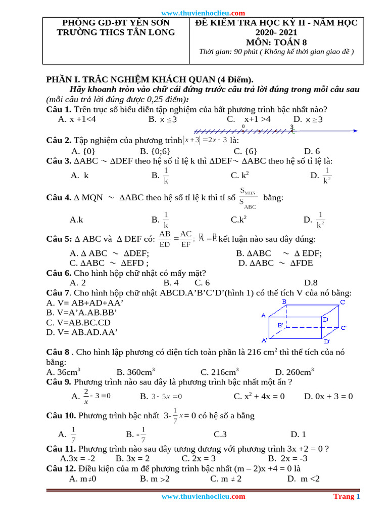 De Thi HK2 Toan 8 THCS Tan Long 2020 2021 | PDF