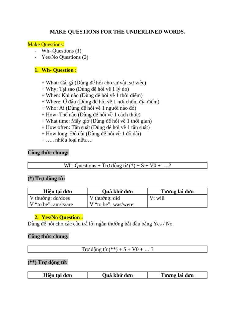 Make Questions For The Underlined Words Pdf