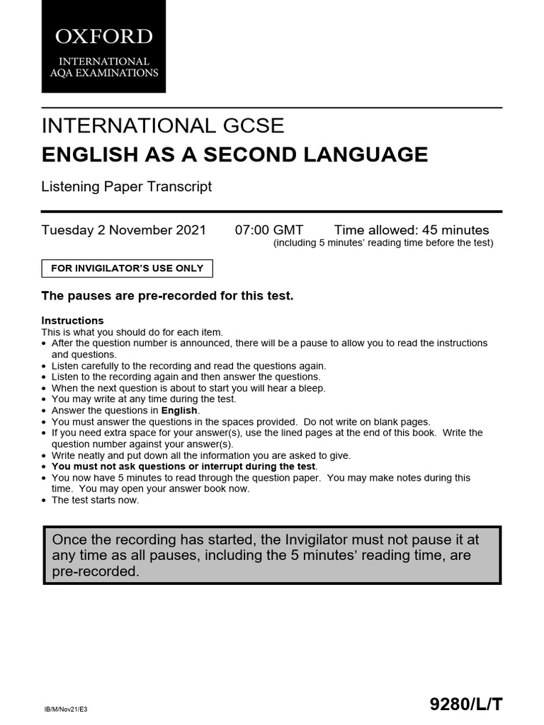 9280 International Gcse English Second Language Listening Transcript ...