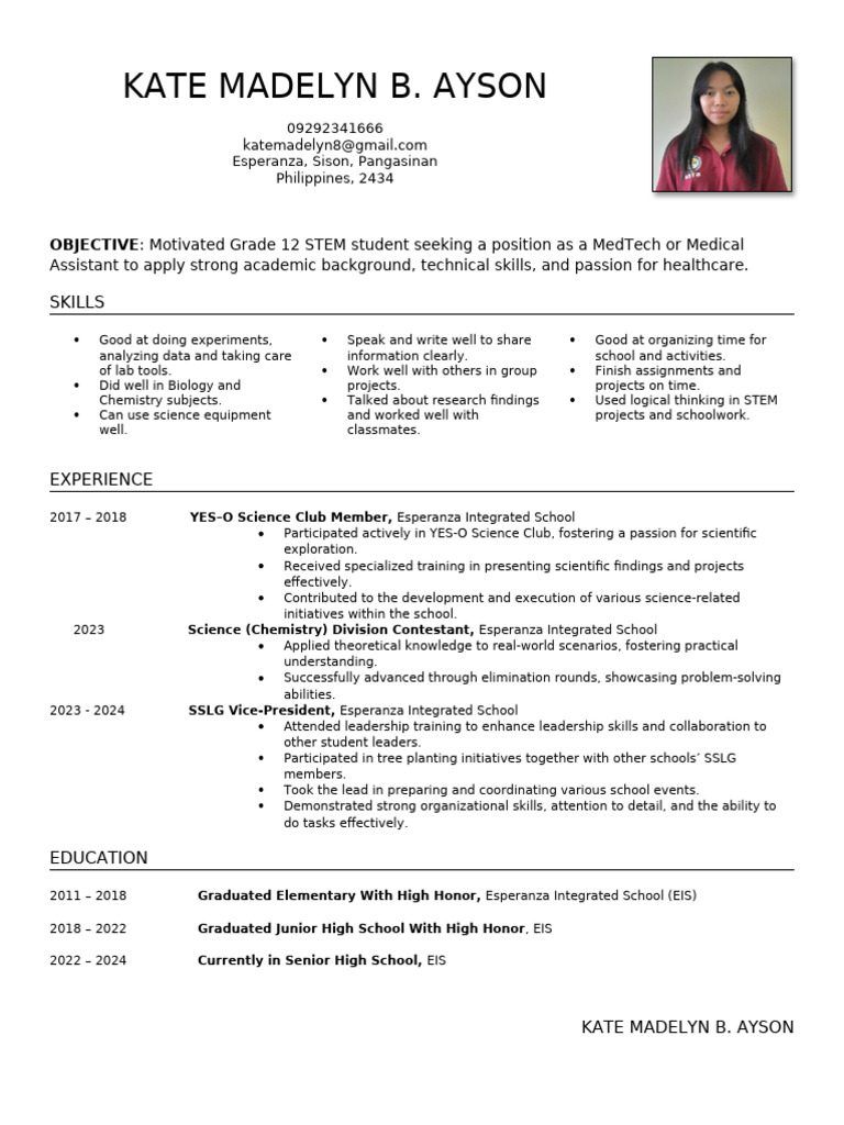 kate-resume-gr-12 | PDF | Science | Cognitive Science