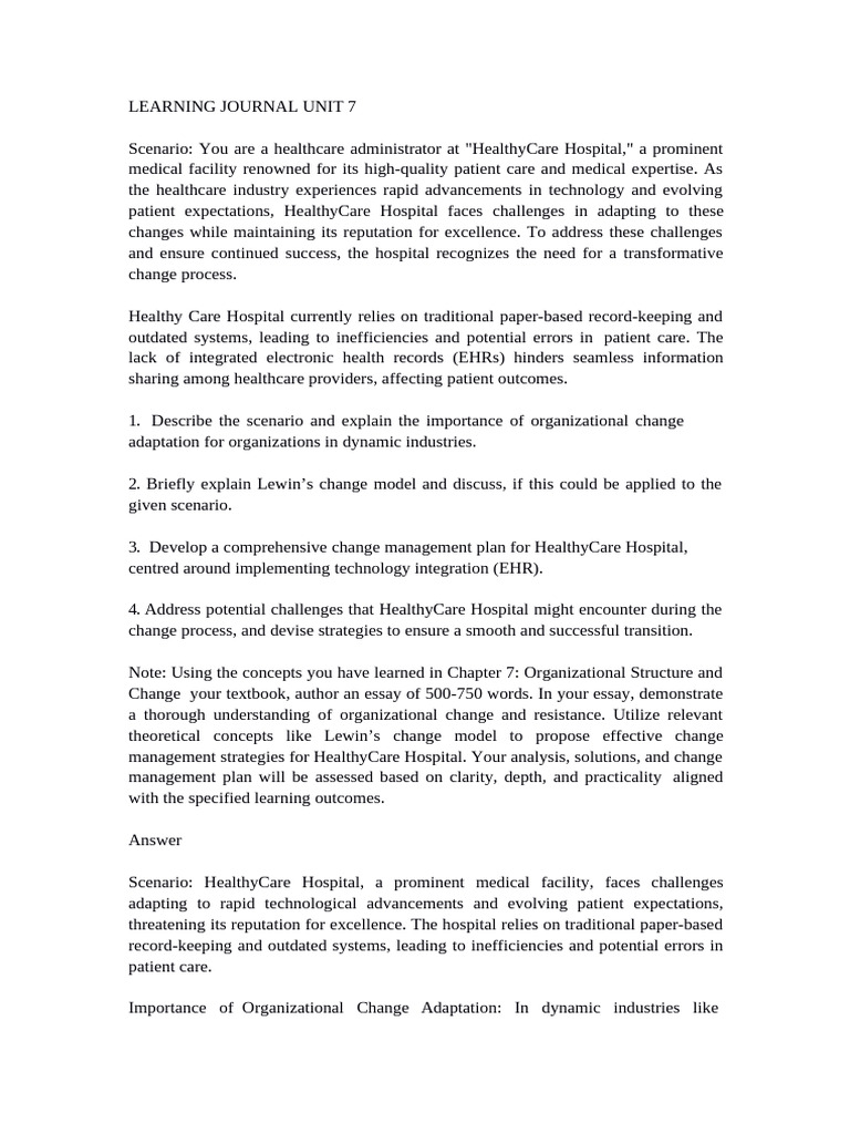 Learning journal unit 7 word | PDF | Change Management | Electronic Health Record