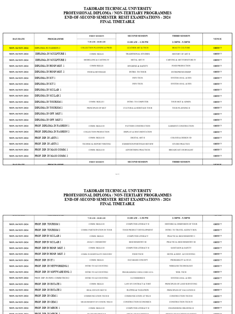 Dip. Tech Second Sem Resit Timetable 2024 | PDF | Engineering