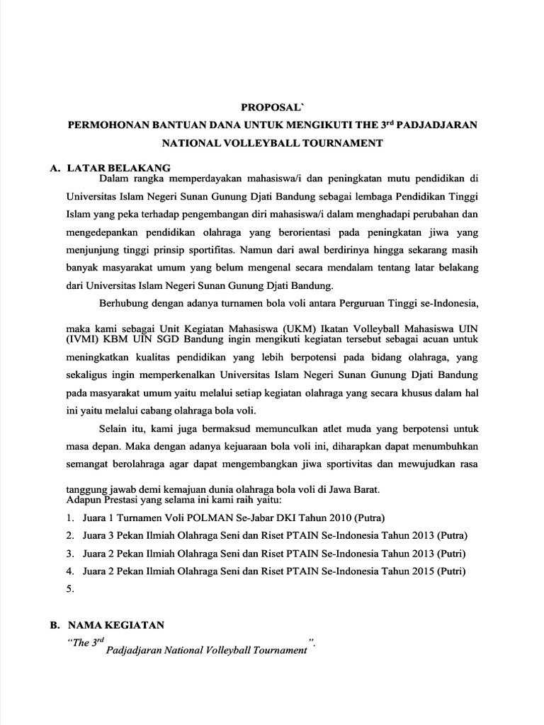 Proposal Permohonan Bantuan Dana Untuk Mengikuti Turnamen Bola Voli Antar PT | PDF