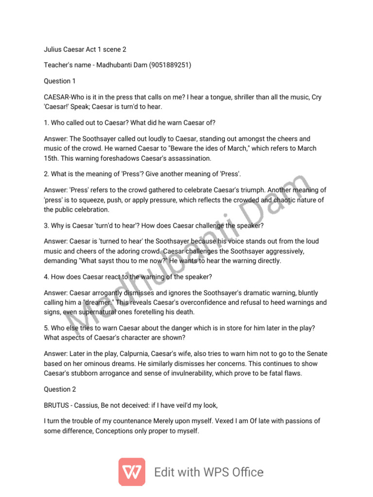 Julius Caesar Act 1 Scene 2 Q&A | PDF | Aeneas | Julius Caesar