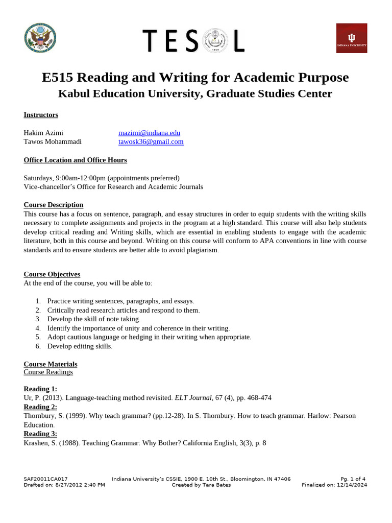 Reading and Writing - Syllabus - Originalplan | PDF | Plagiarism ...
