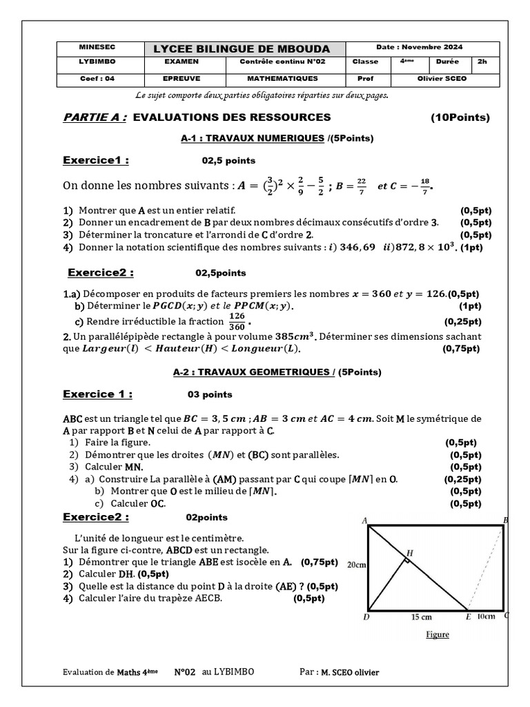 Évaluation de Maths 4ème N°02 2024 | PDF | Nombre | Concepts mathématiques
