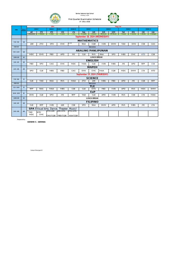 First Quarter Exam Schedule 2024-2025 | PDF
