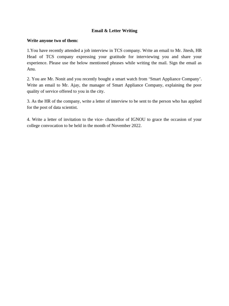 Email and Letter Writing Examples | PDF