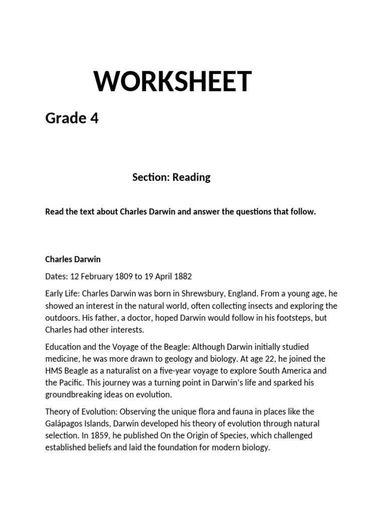 Worksheet - English-Grade-4 | PDF | Charles Darwin | On The Origin Of ...