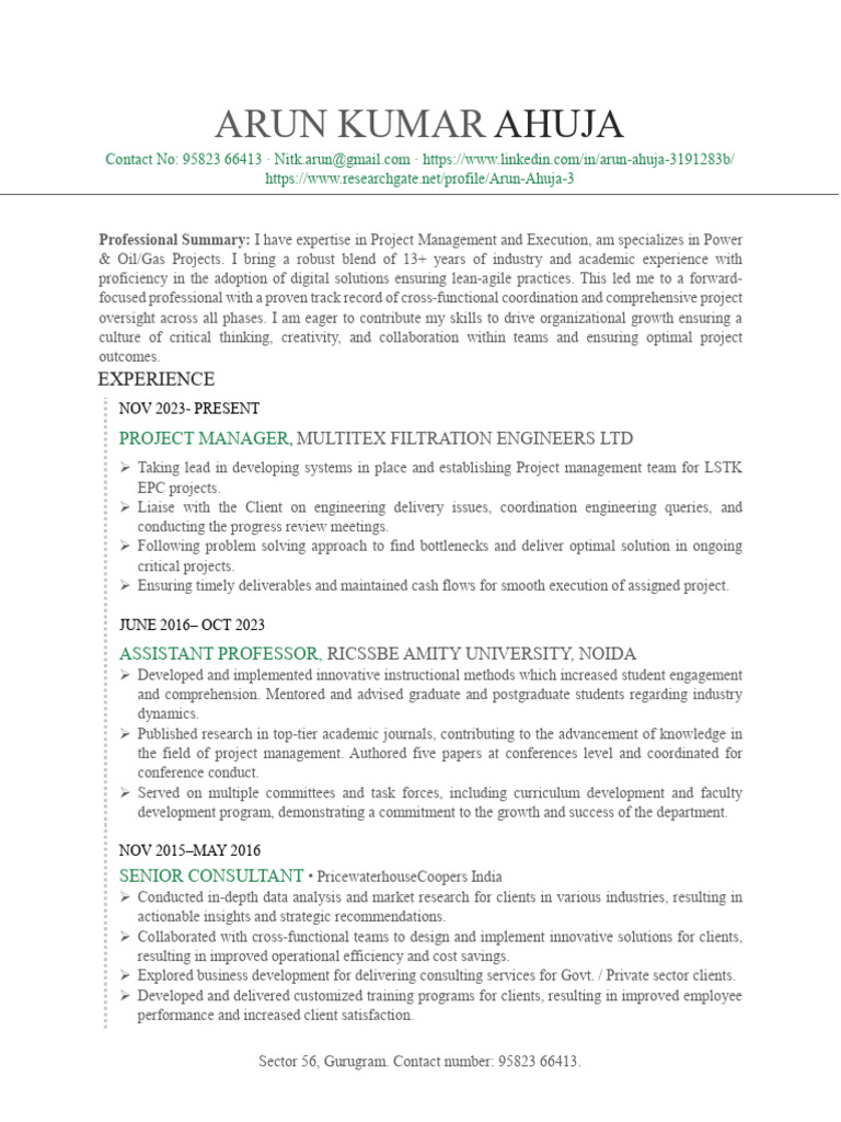 CV - Arun Kumar Ahuja | PDF | Project Management | Business