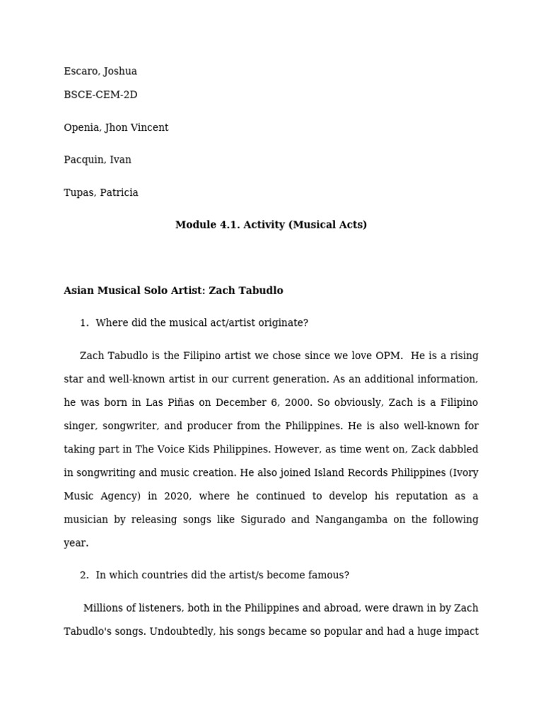 Module 4.1. Activity (Musical Acts) | PDF