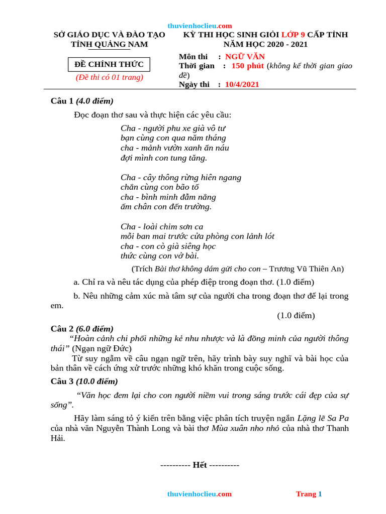 De Thi HSG Van 9 Quang Nam 2020 2021 | PDF