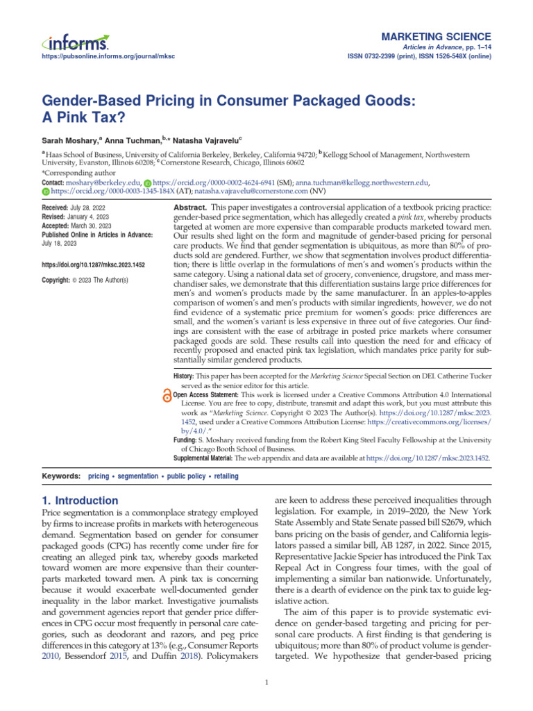 Moshary Et Al 2023 Gender Based Pricing in Consumer Packaged Goods A ...