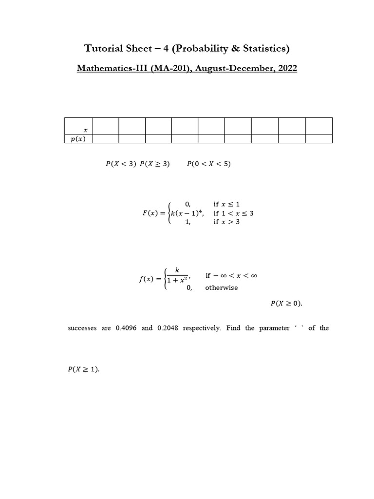 Tutorial Sheet 4 Probability & Statistics | PDF | Probability Distribution | Poisson Distribution