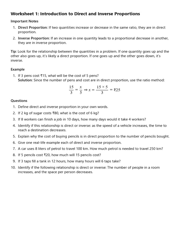 Direct and Inverse Proportions - WS - 1 | PDF